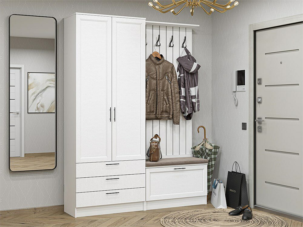 VVT Прихожая Стиль-03, каркас ЛДСП Белый, фасад МДФ White Silkwood, 2110*1600*380 White Silkwood