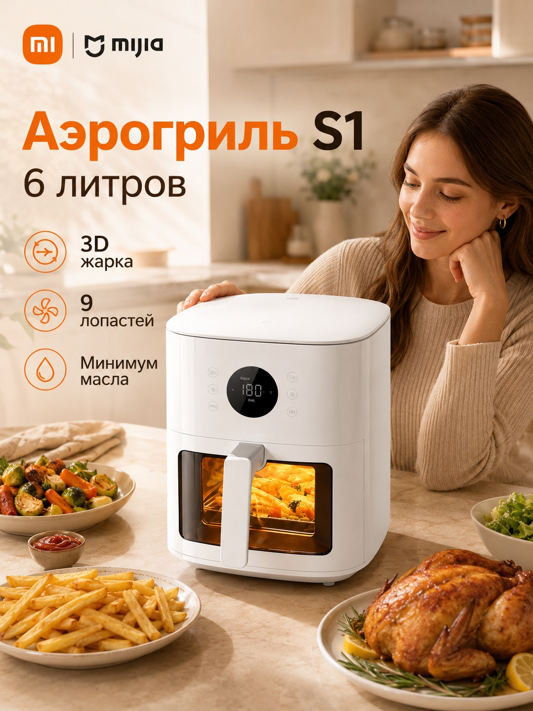 Аэрогриль Air Fryer объёмом 6 л для приготовления блюд с минимальным количеством масла