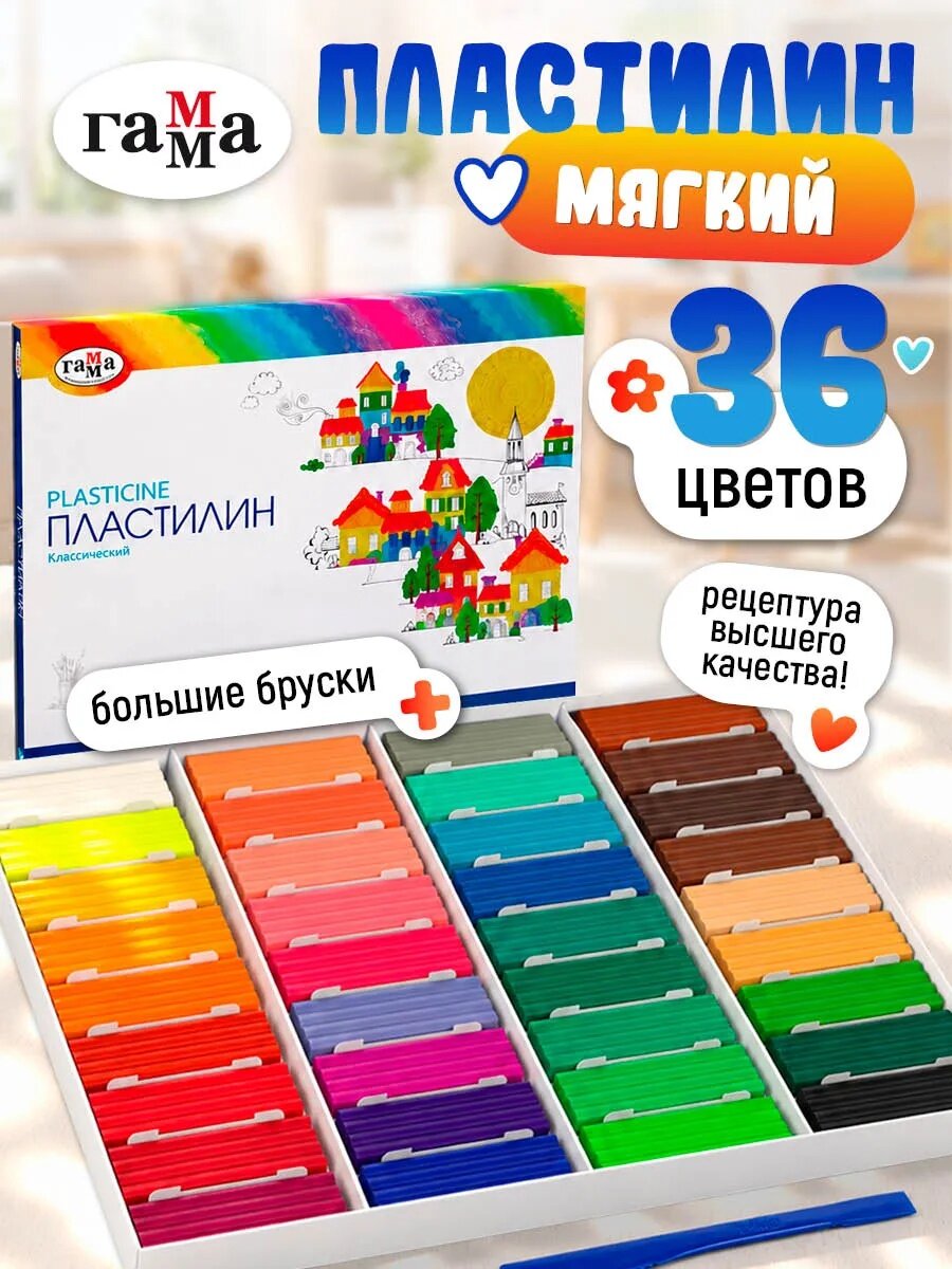 Пластилин детский со стеком, гамма, "Классический", для лепки, школьный, 36 цветов