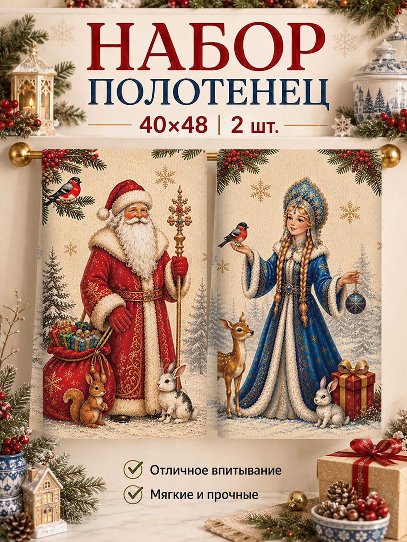 Полотенце кухонное 40x48 2 шт махровая фактура микроспан разноцветный