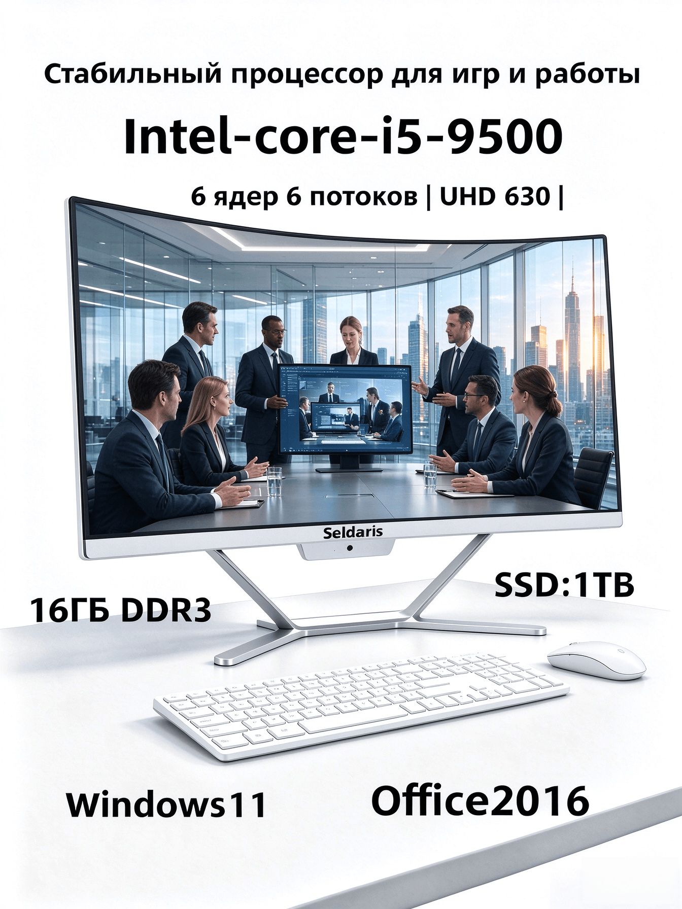 Моноблок Seldaris 24дюймов изогнутый экран, i5-9500, UHD 630, 16ГБ DDR3, SSD1ТБ, Win11, белый