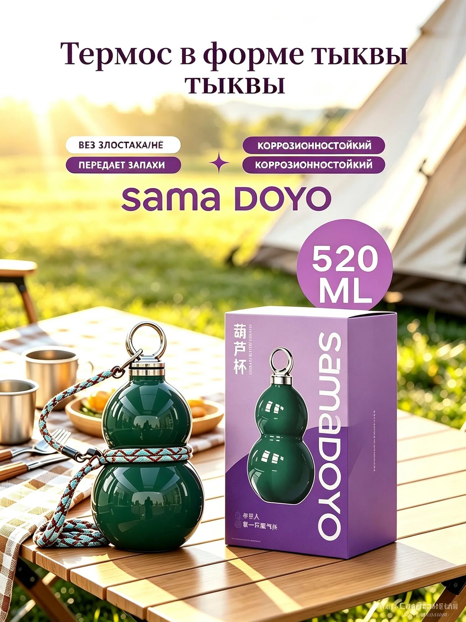 Samadoyo Термос 0.52 л, холод 12 ч, тепло 12 ч, с ситечком, отверстие для питья, темно-зеленый