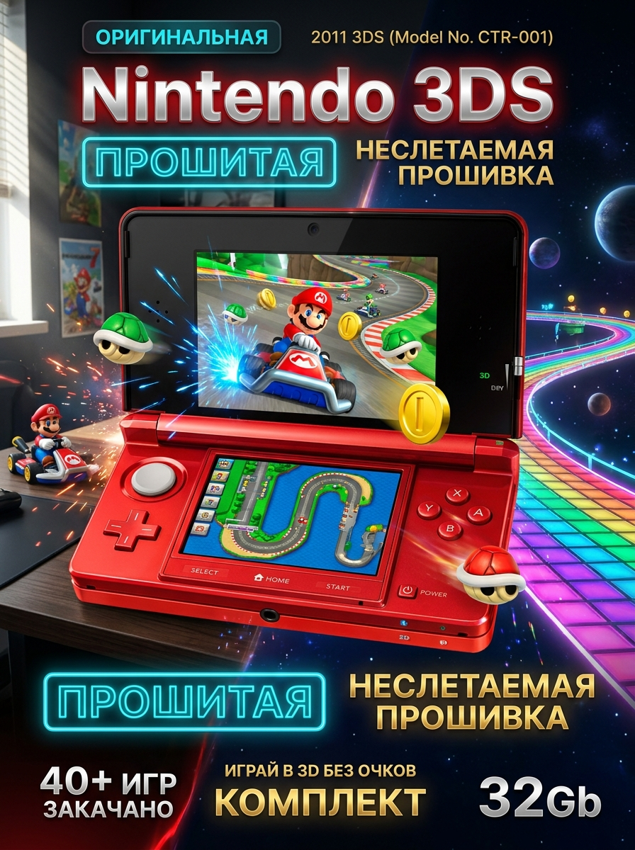 Оригинальная Nintendo 3DS +32Gb Red, полный комплект, прошита +40 хитов
