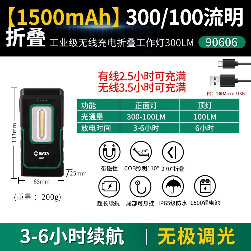 Мини-фонарь Sata с LED COB 300 люмен, водонепроницаемый IP65, двойная зарядка, литий-полимерный, модель 90606