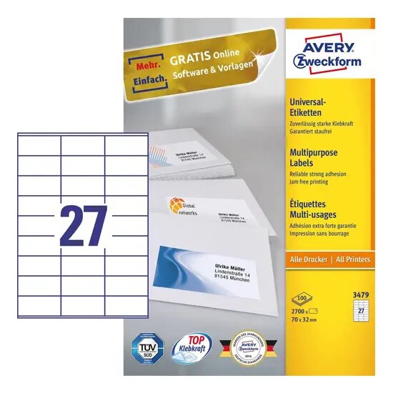 Бумага Avery Zweckform для принтера, самоклеящаяся матовая, белая, 70x32 мм {3479} (27 шт на листе A4, 100 листов)