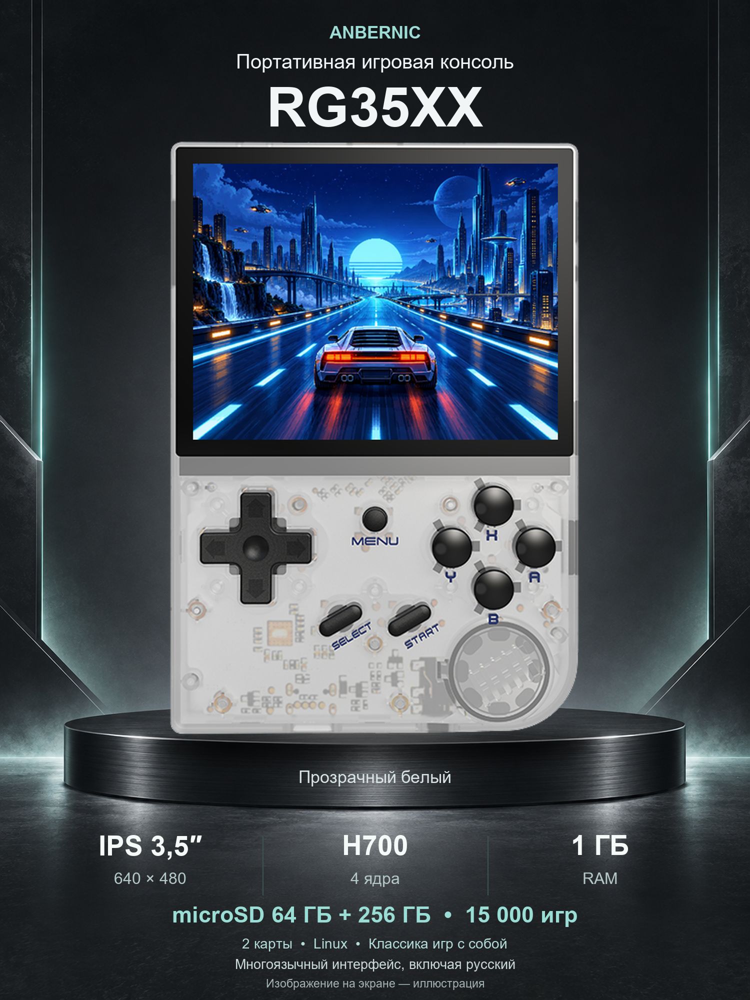 Портативная игровая консоль ANBERNIC RG35XX, IPS 3,5 , 2 карты 64 и 256 ГБ, 15000 игр, прозрачный белый
