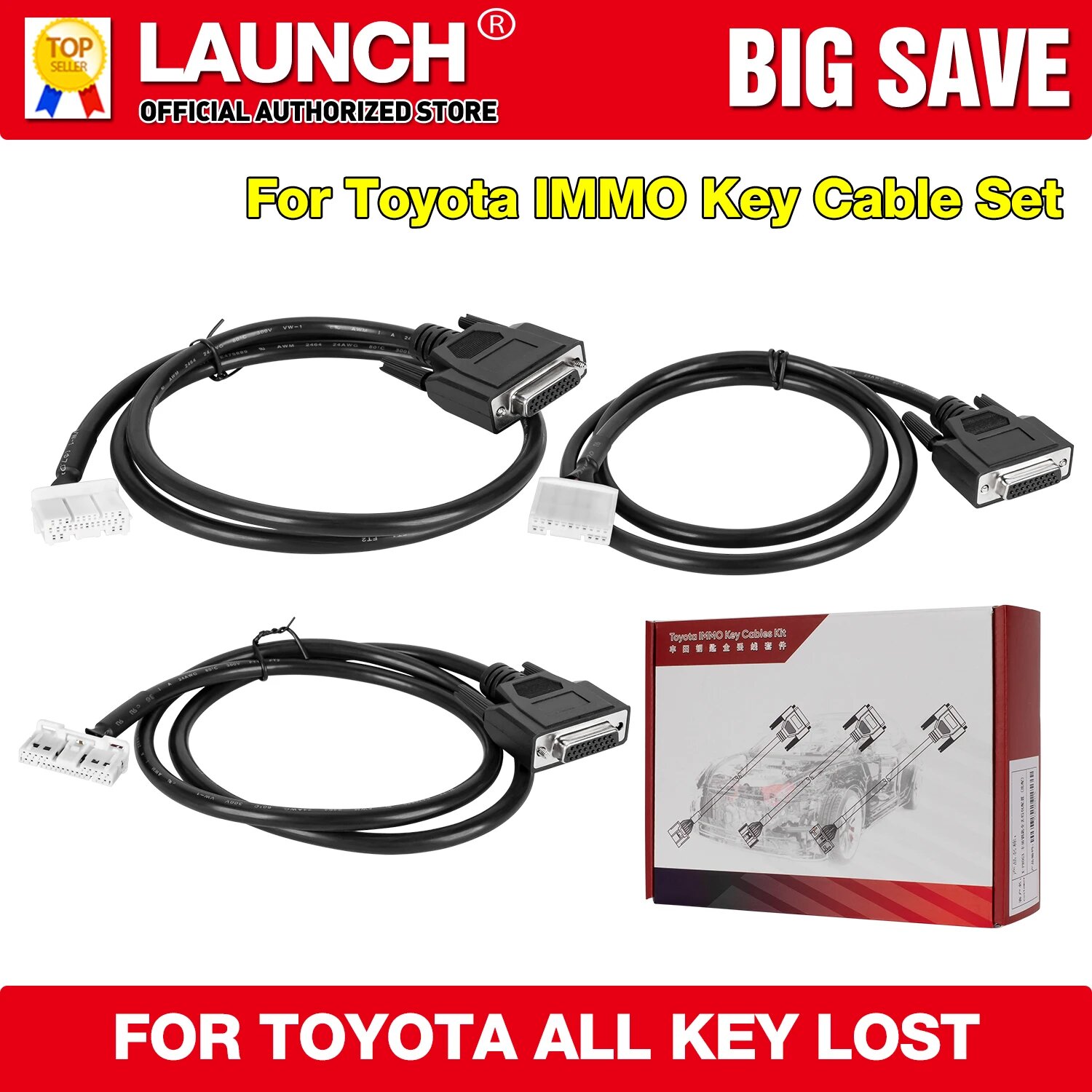 Набор кабелей LAUNCH для Toyota IMMO KEY для случаев полной утери ключей: кабель CH-01, CH-02 24-контактный, CH-03 27-контактный, совместим с X-prog 3 X431 IMMO.