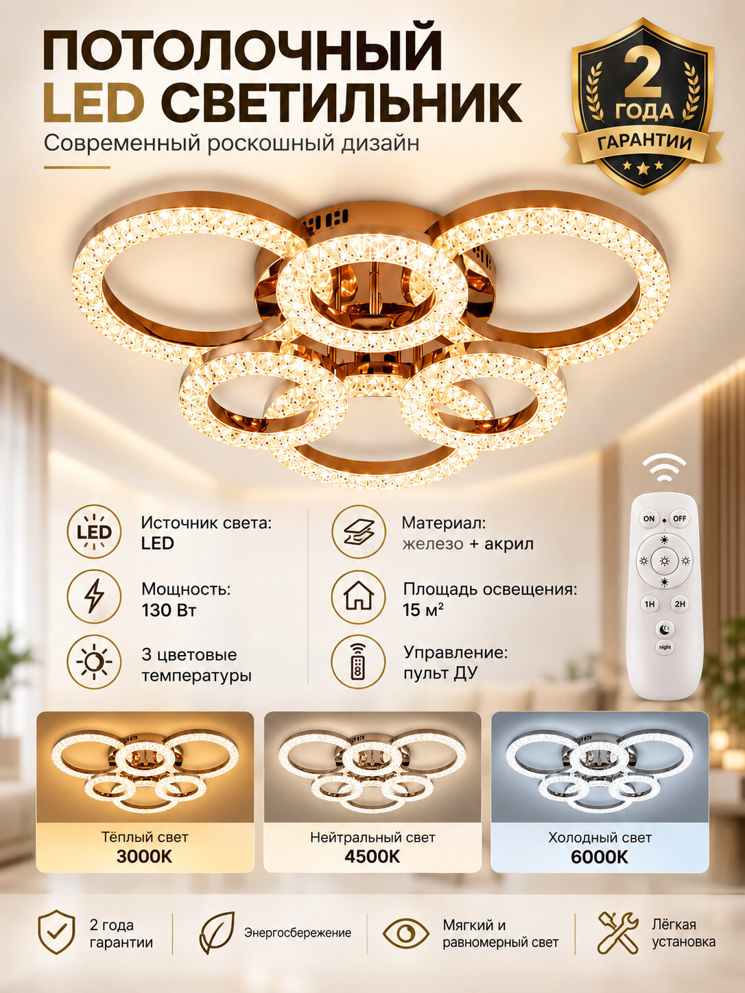 Современная светодиодная потолочная люстра LED для гостиной и спальни, плавная регулировка яркости, пульт ДУ