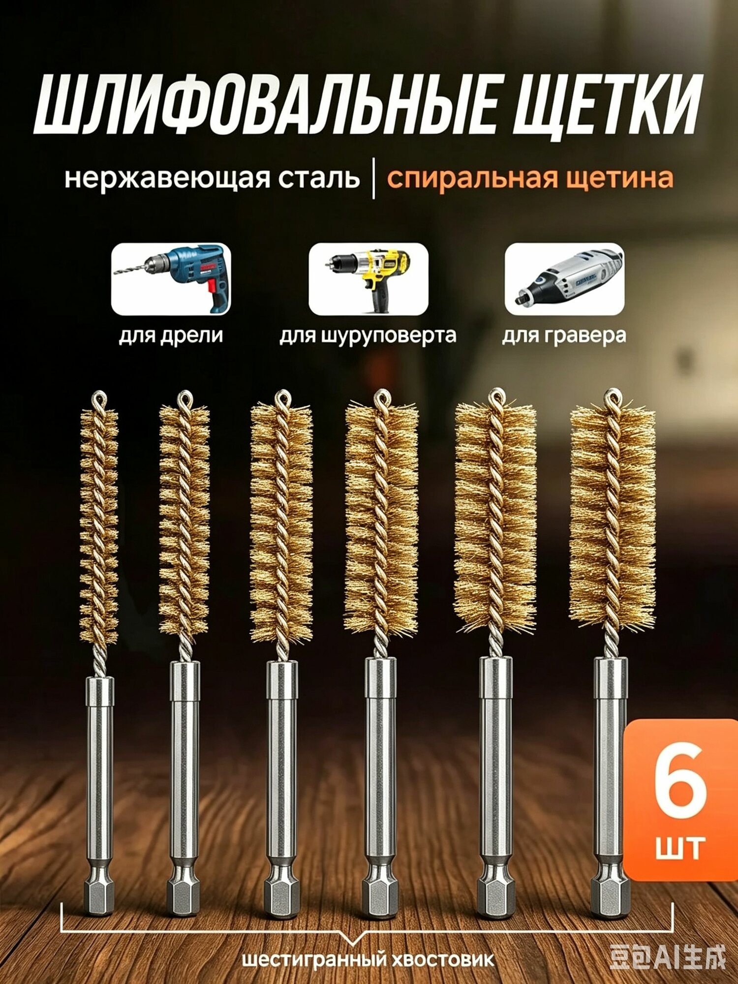 Проволочная щетка для шуруповерта, Золотой 6 шт.