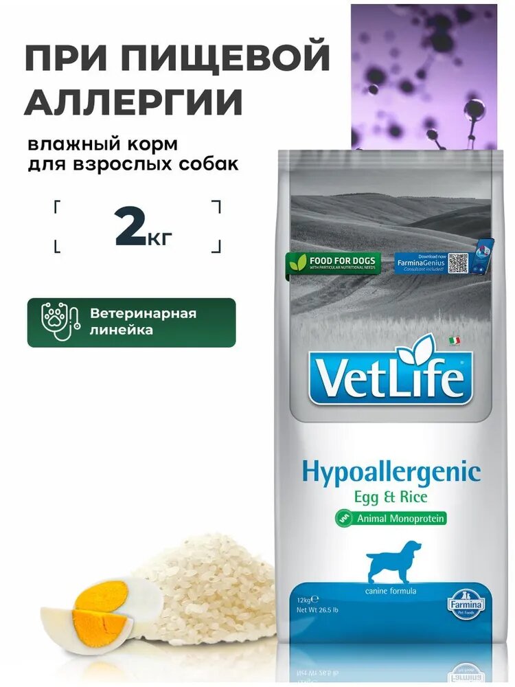 Farmina Vet Life Hypoallergenic, Egg&Rice, сухой диетический корм для собак для снижения пищевой аллергии, яйцо и рис, 2 кг