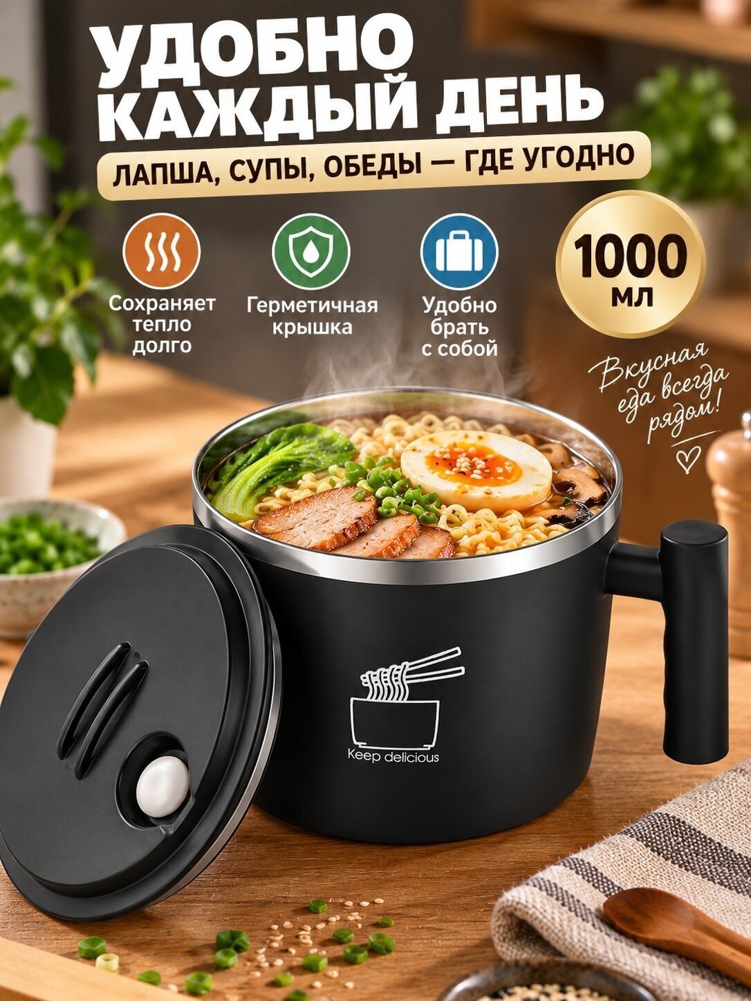 Миска для супа из нержавеющей стали с крышкой и ситечком 1000ML