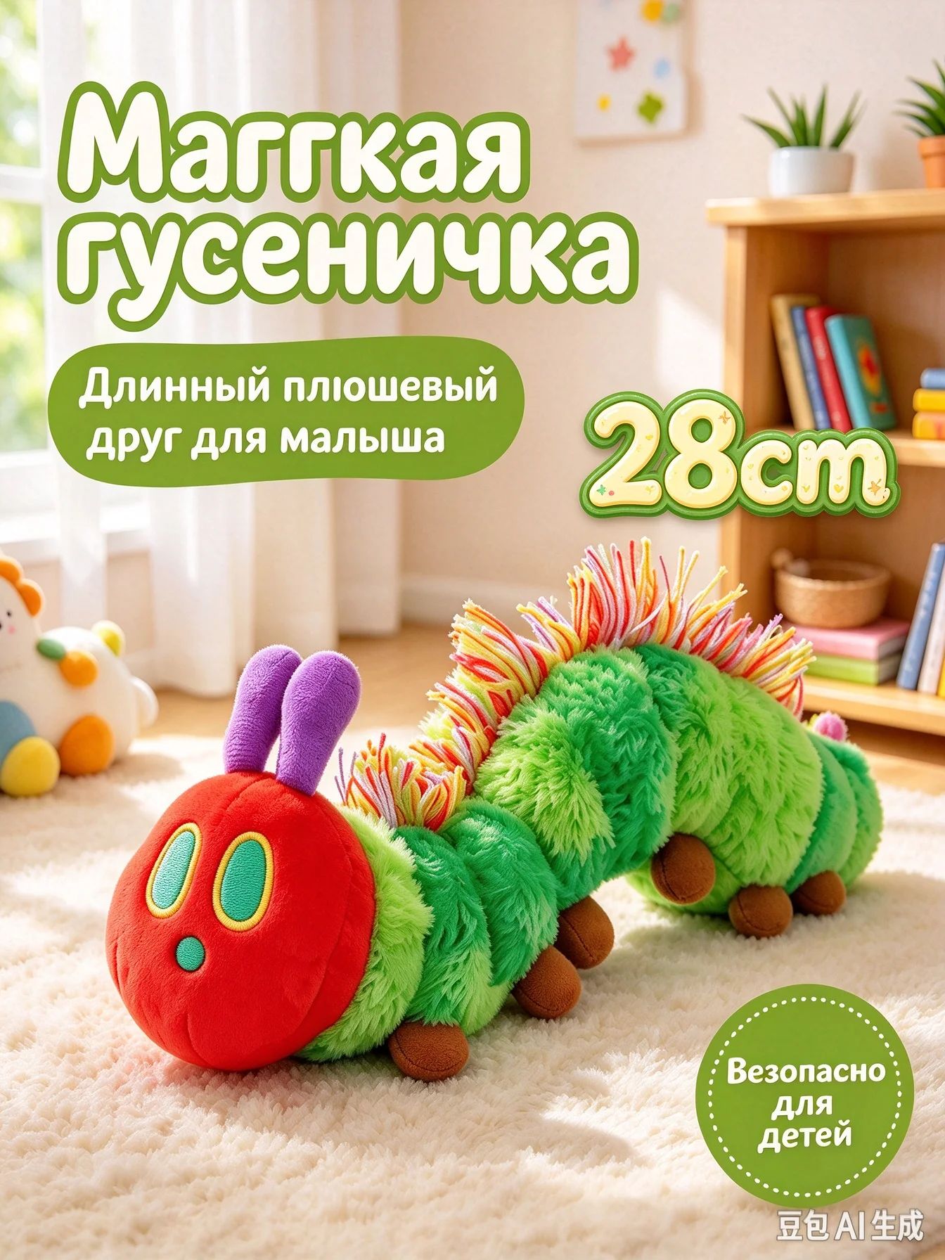 Плюшевая игрушка гусеница 25 см, мягкая кукла-подушка, Наполнитель: полипропиленовый хлопок, Материал: плюш + губка