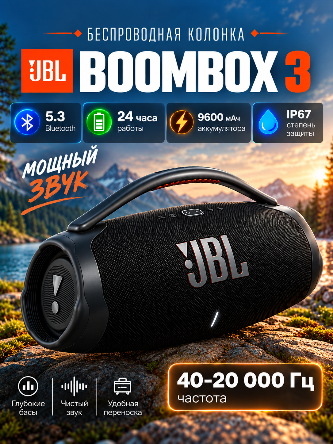 Беспроводная колонка JBL Boombox 3, Bluetooth колонка 5.3, IP67, черный