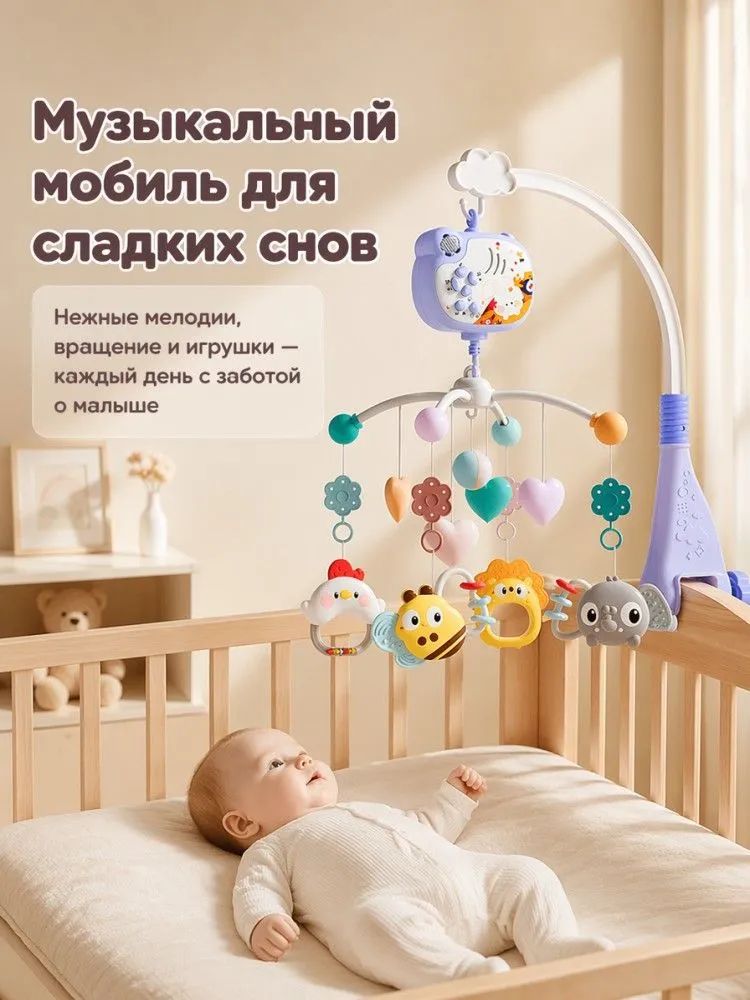 Музыкальный мобиль в кроватку с проектором и пультом / Карусель музыкальная для новорожденных