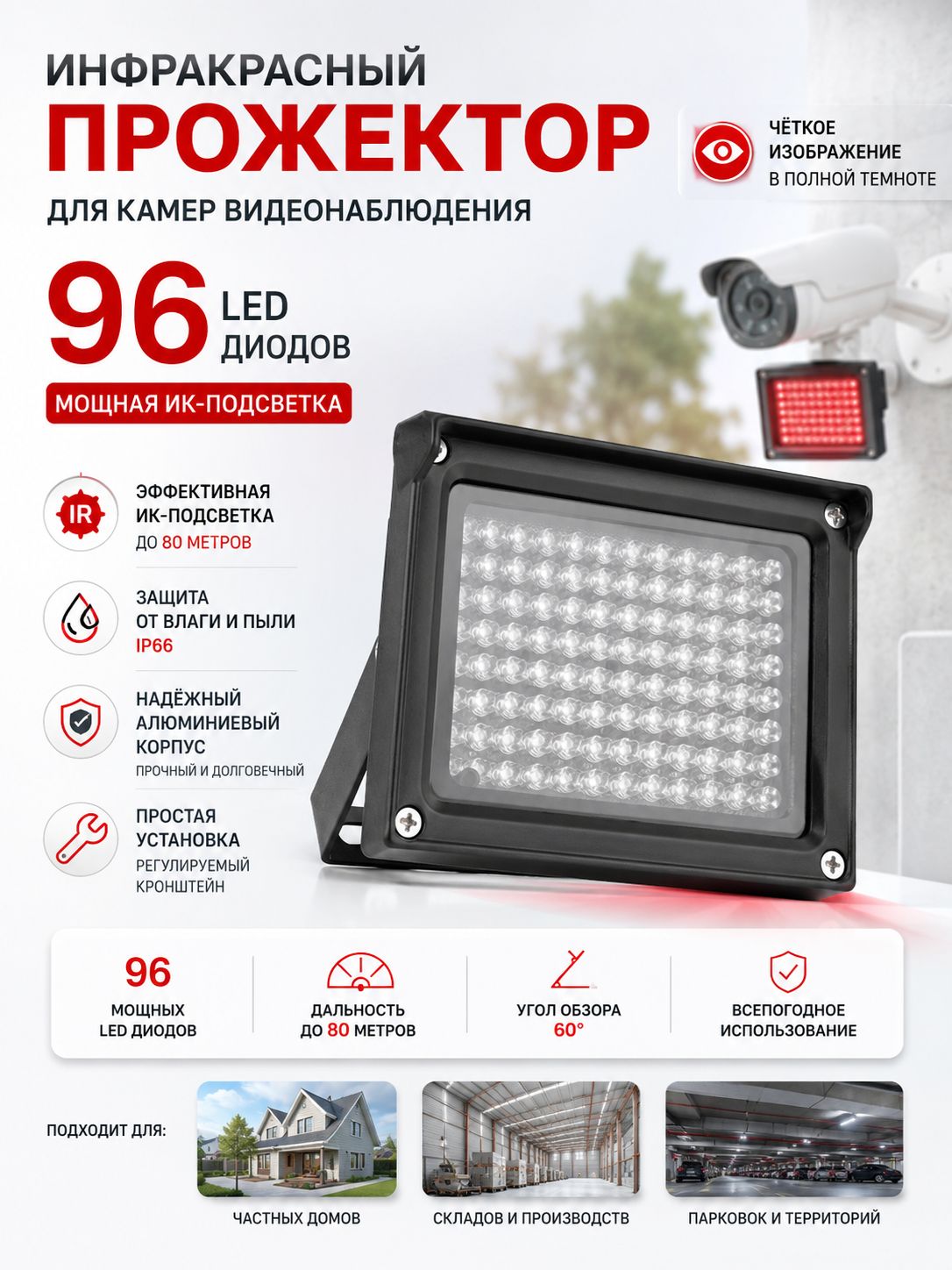 Инфракрасная подсветка для камер видеонаблюдения: массив светодиодов, ночное видение, уличная водонепроницаемая модель