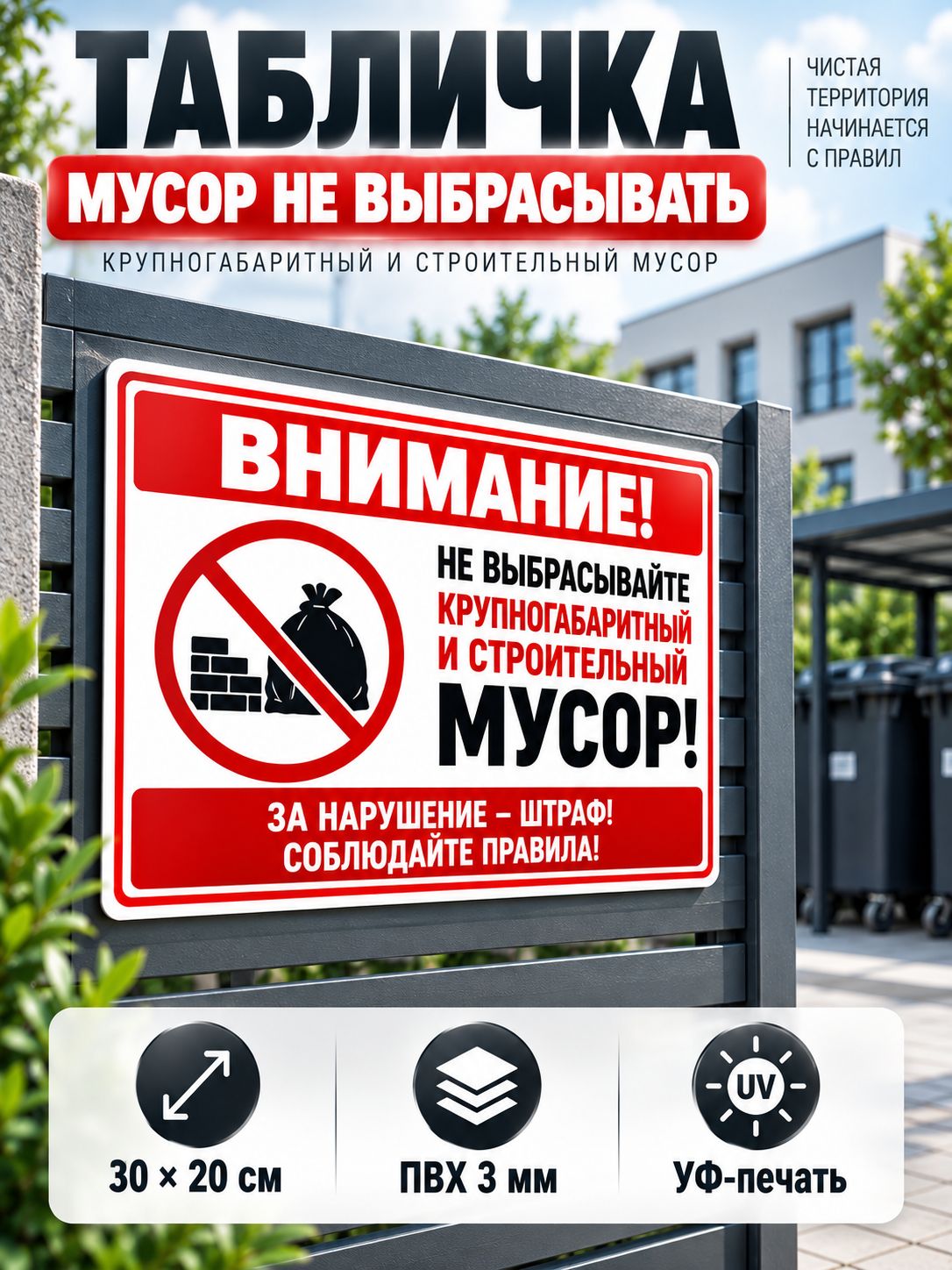 Табличка Не выбрасывать строительный и крупногабаритный мусор 30 на 20 см, ПВХ 3 мм, для мусорной площадки
