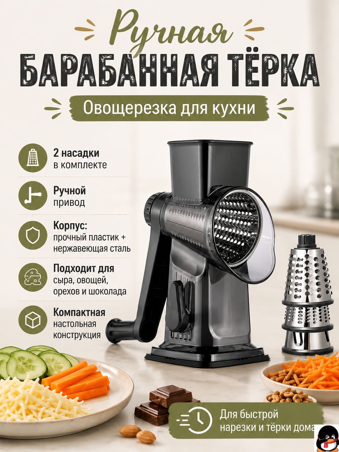 Овощерезка ручная для овощей и фруктов многофункциональная 3 в 1, барабанная тёрка