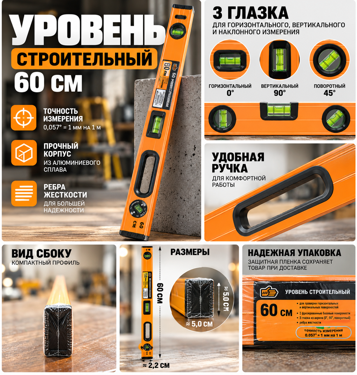 Уровень строительный Профи алюминиевый 60 см фрезерованные поверхности 3 глазка 1-поворотный