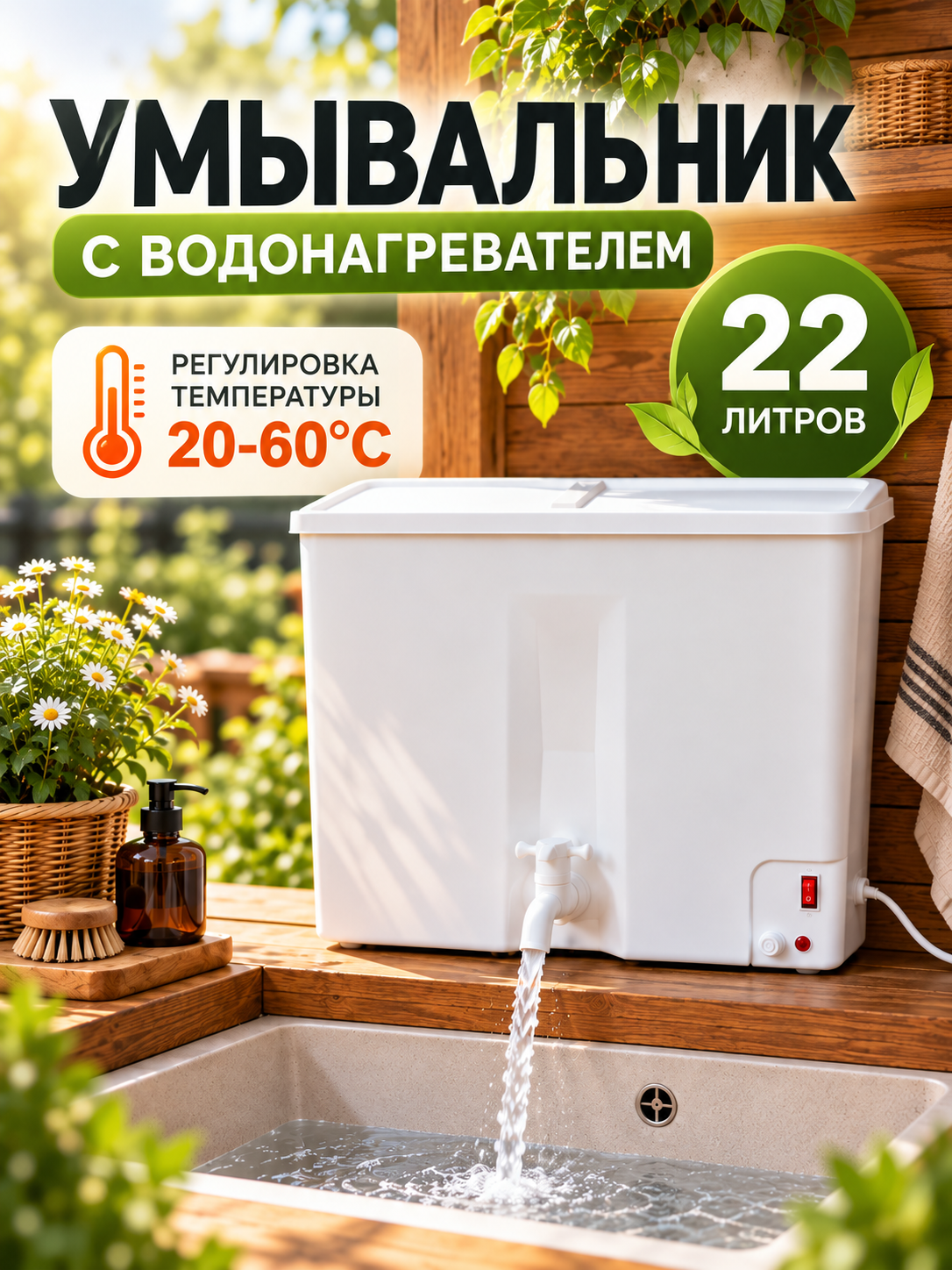 Умывальник садовый, 22 литра, с водонагревателем (20-60 ˚С), с регулировкой температуры, пластик