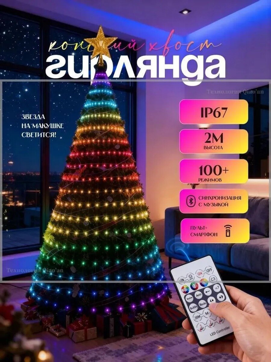 Электрогирлянда интерьерная Конский хвост светодиодная 200 ламп, 2 м, питание от порта usb, 1 шт