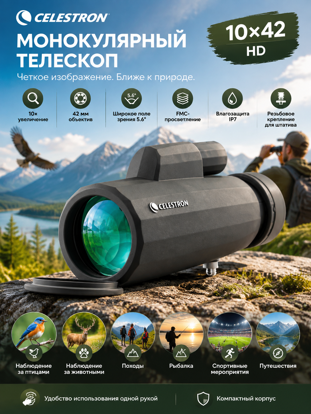Монокулярный телескоп HD 10x42 с широким углом 5.6°, FMC, IP7, серый, для наблюдений