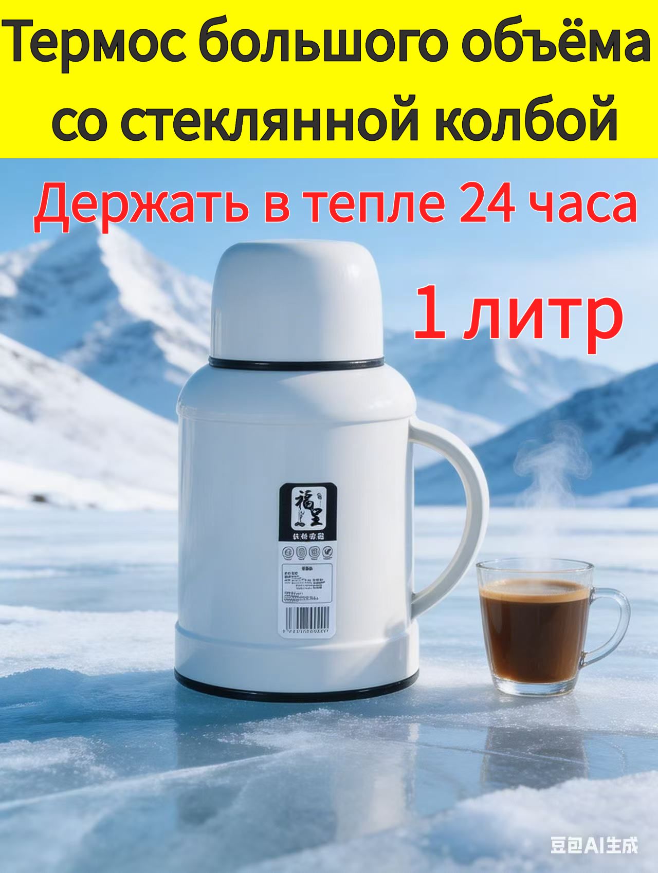 Термос 1 л, холод 24 ч, тепло 24 ч, с ручкой, белый
