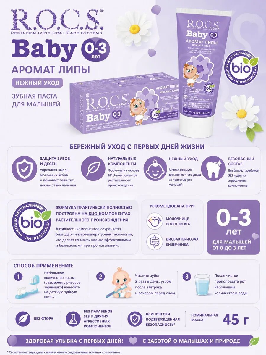 Зубная паста R.O.C.S. Baby Для малышей 0-3 Аромат липы 45 г