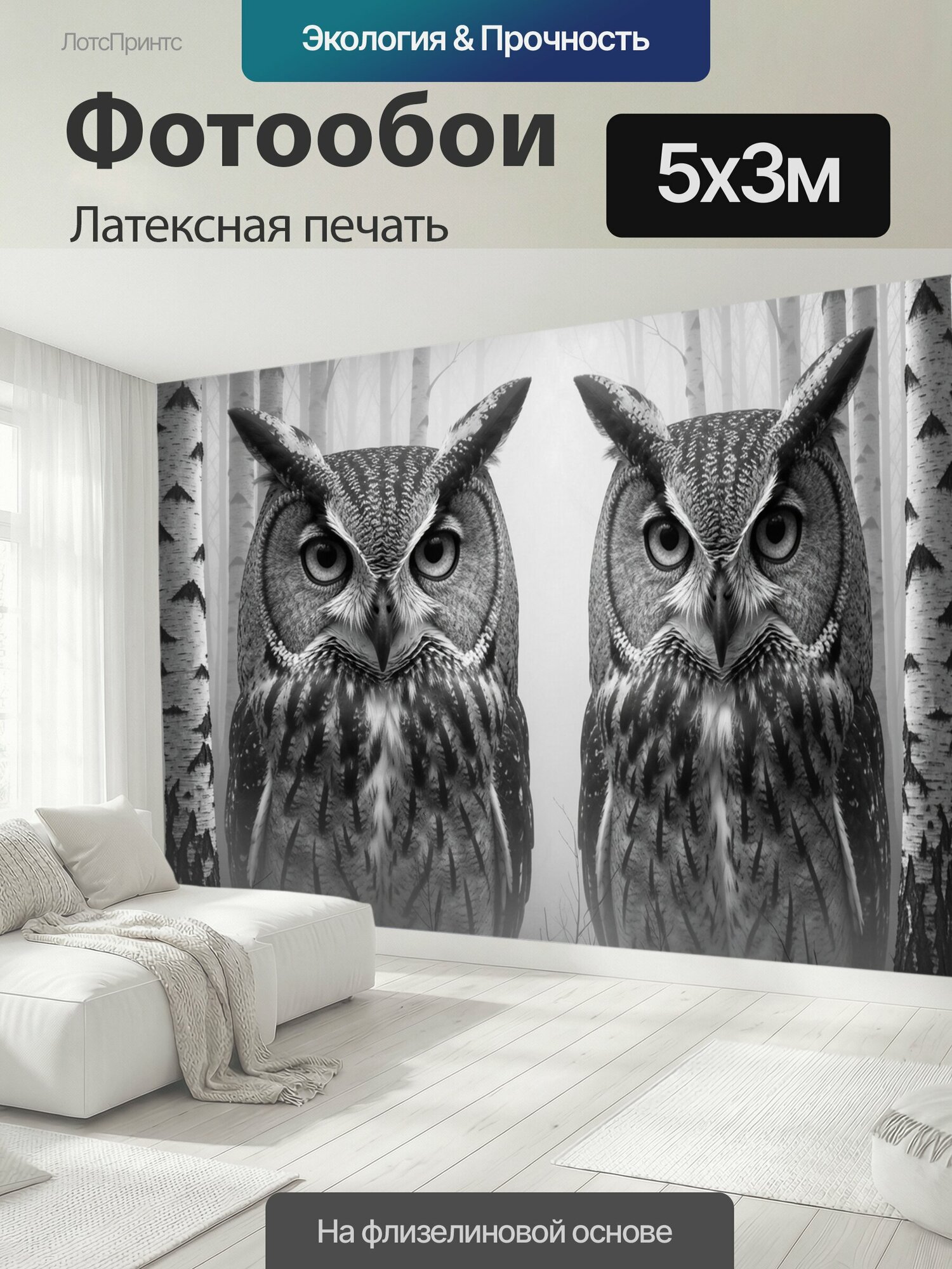 Фотообои моющиеся ударопрочные "Две совы в туманном березовом лесу. Симметричная композиция с парой ушастых хищных птиц среди белоствольных." 500x300 см. латексная печать