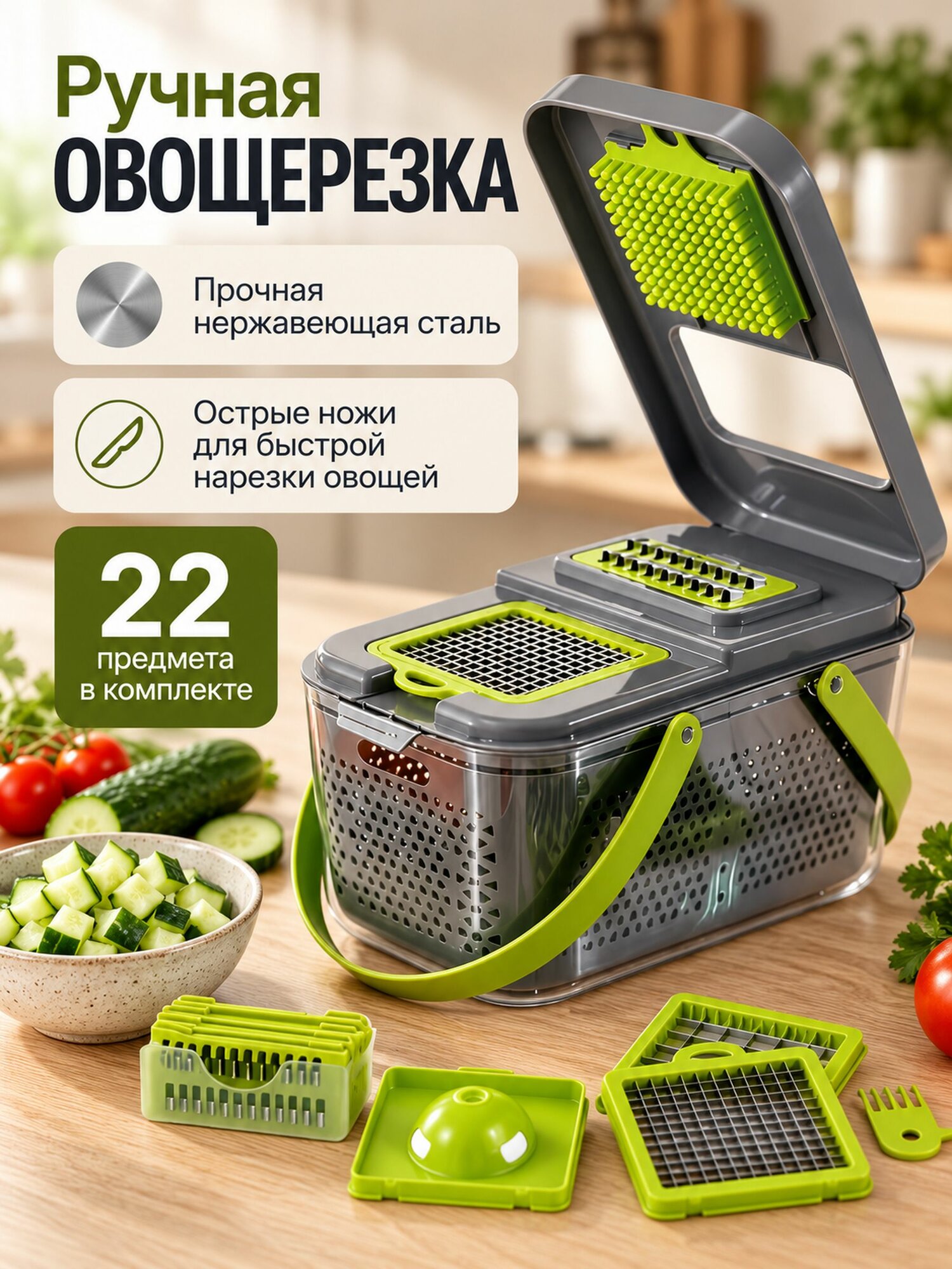 Овощерезка ручная многофункциональная с контейнером, мультирезка кубиками