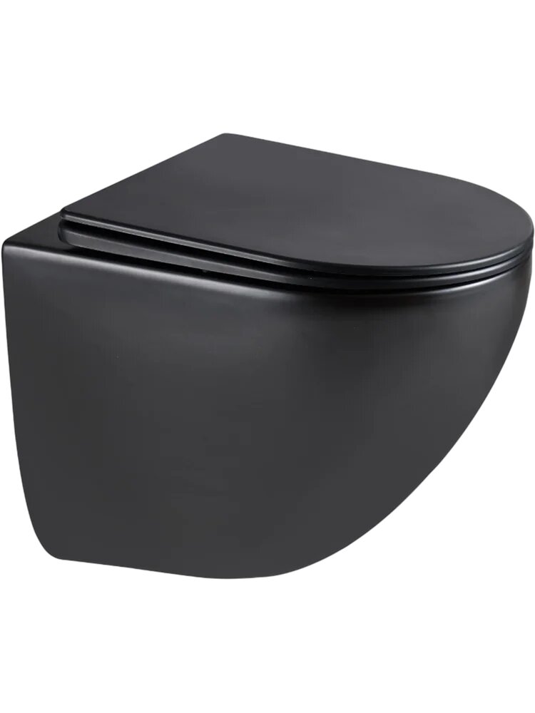 Унитаз подвесной AZUMA Primavera AZU-093T-UR3-GB с микролифтом, безободковый, без бачка, антивсплеск, фарфоровый, черный, матовый, овальный, сиденье для ун