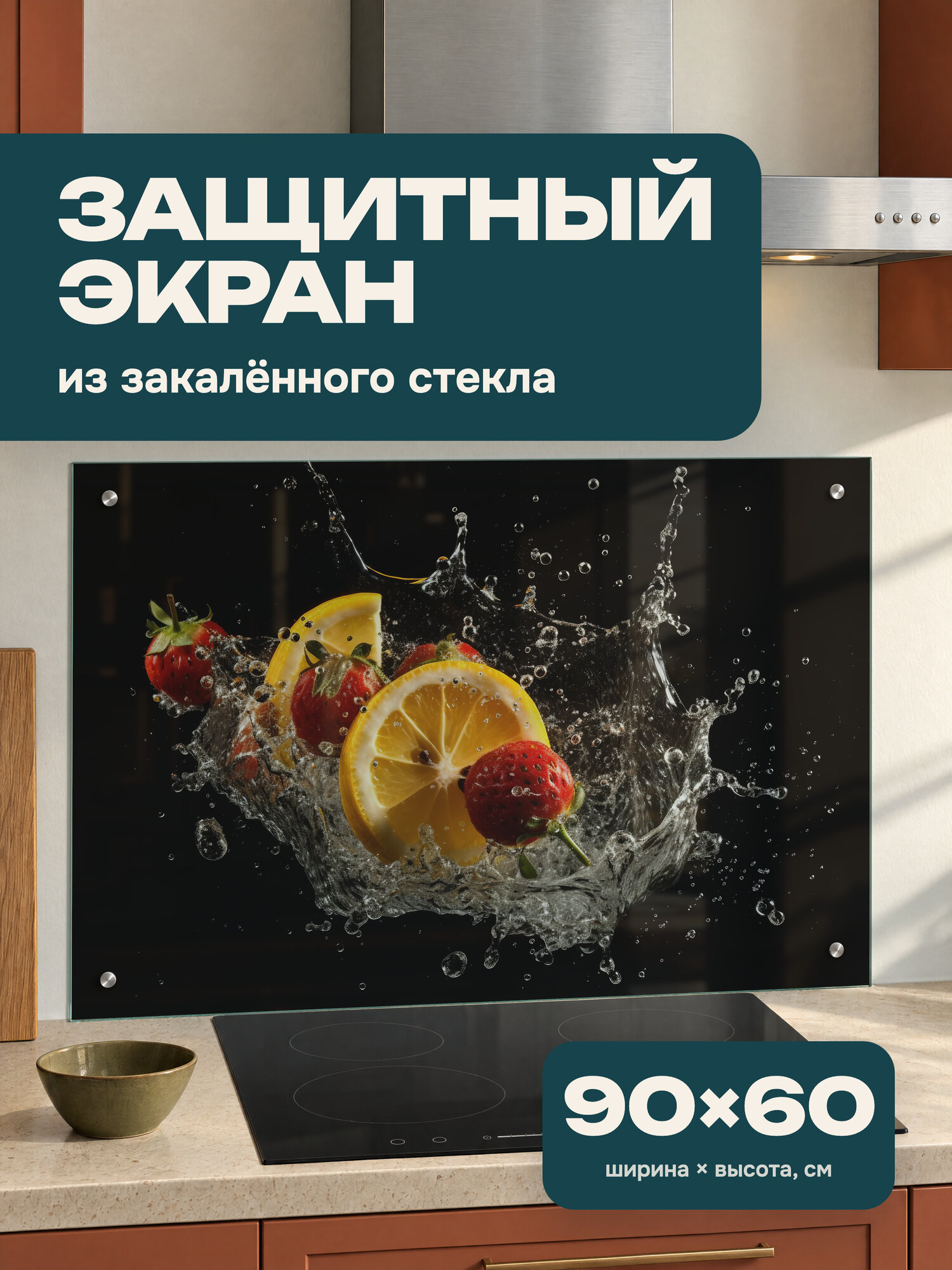 Защитный экран для плиты от брызг "Фрукты 1" 900х600 мм. Стекло для плиты на стену. Закаленное стекло для фартука.