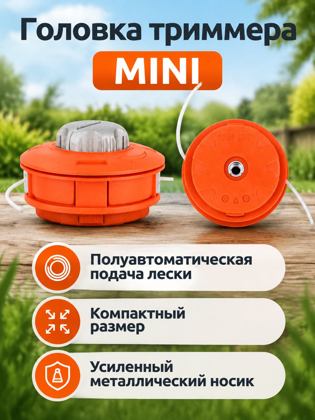 Полуавтоматическая головка для триммера MINI, универсальная, с металлическим усилением и удобной намоткой лески