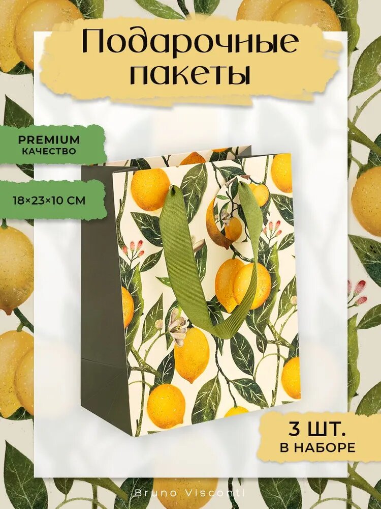 Подарочный пакет "M" PREMIUM "FLORA. LEMONS" Bruno Visconti, 18 x 23 x 10 см, набор 3 шт/ подарочные пакеты с ручками