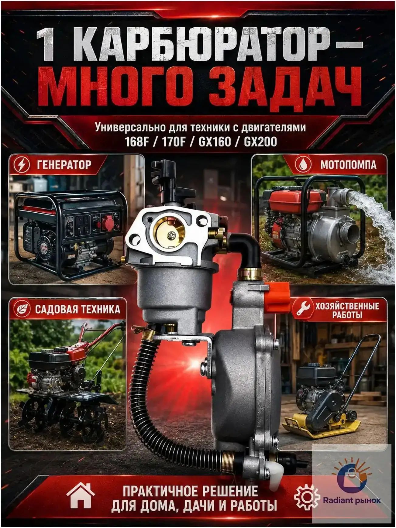 Карбюратор газ-бензин 1.5-3.5 кВт для резервных генераторов и садовой мототехники надежная работа