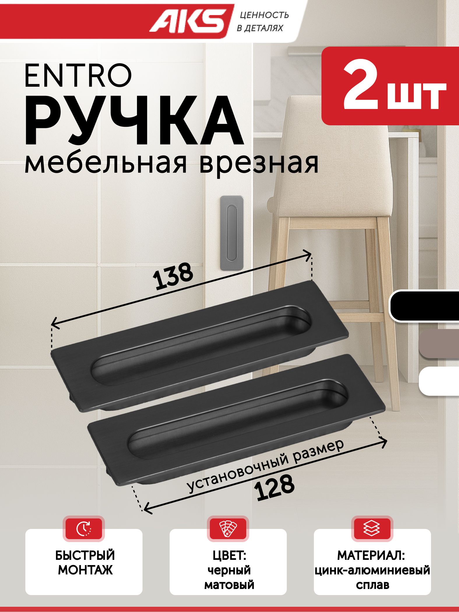 Ручки для мебели врезные 2 шт 128 мм черный матовый на кухню в комод шкаф ENTRO