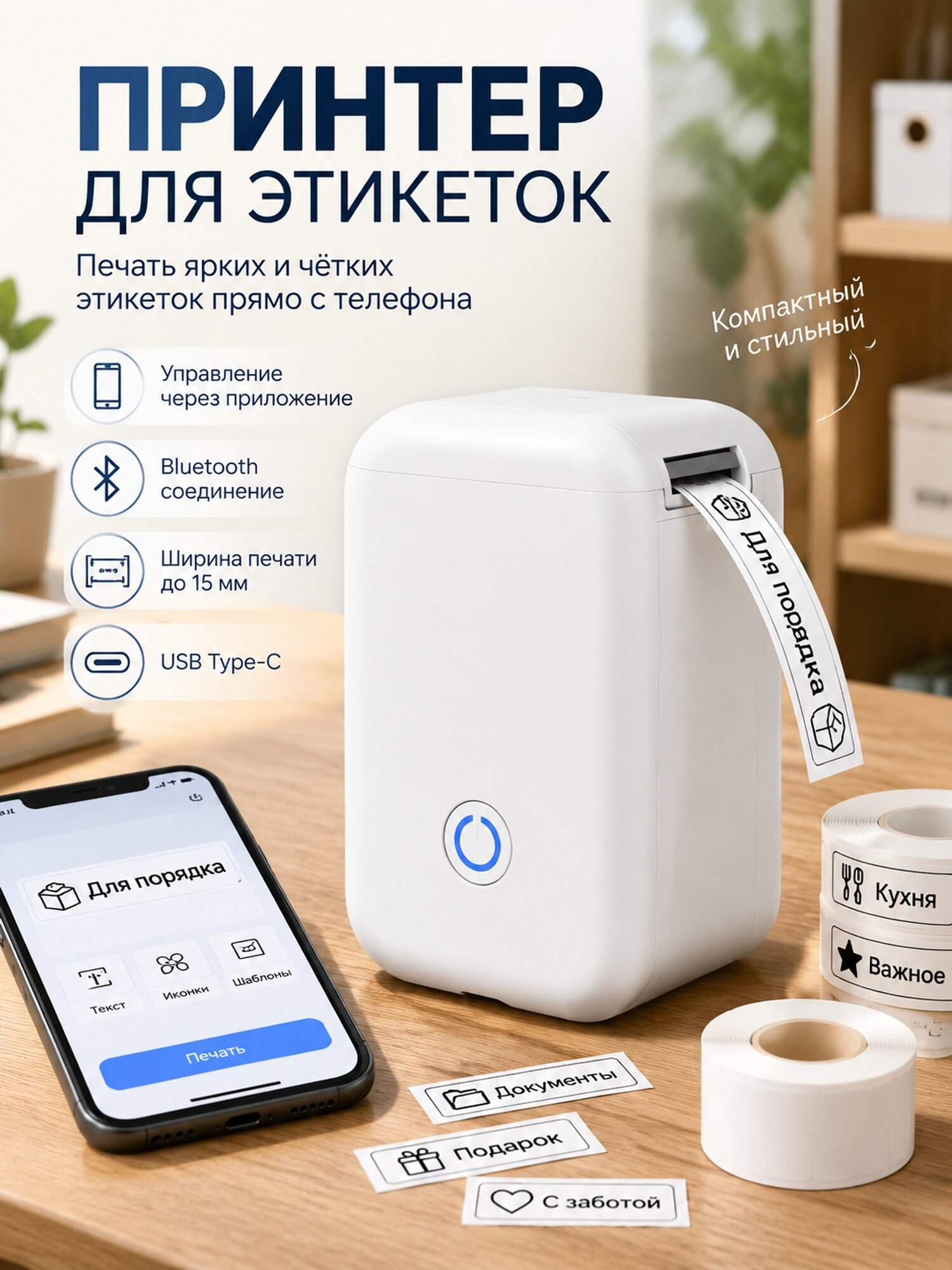Компактный принтер для этикеток шириной до 15 мм с управлением через приложение