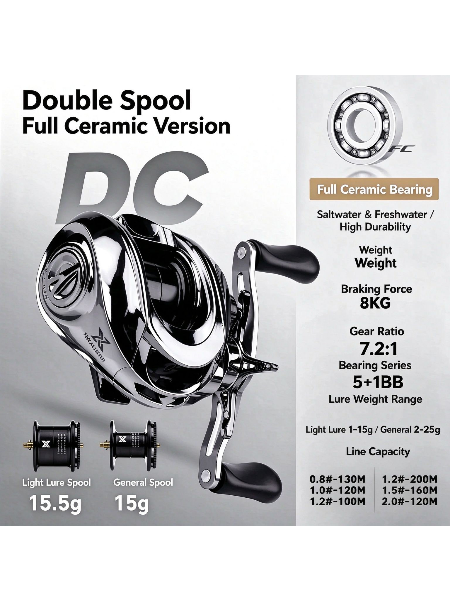 Ыболовная катушка DC бейткастинг 5+1BB 8 кг фрикцион, две шпули, керамические подшипники