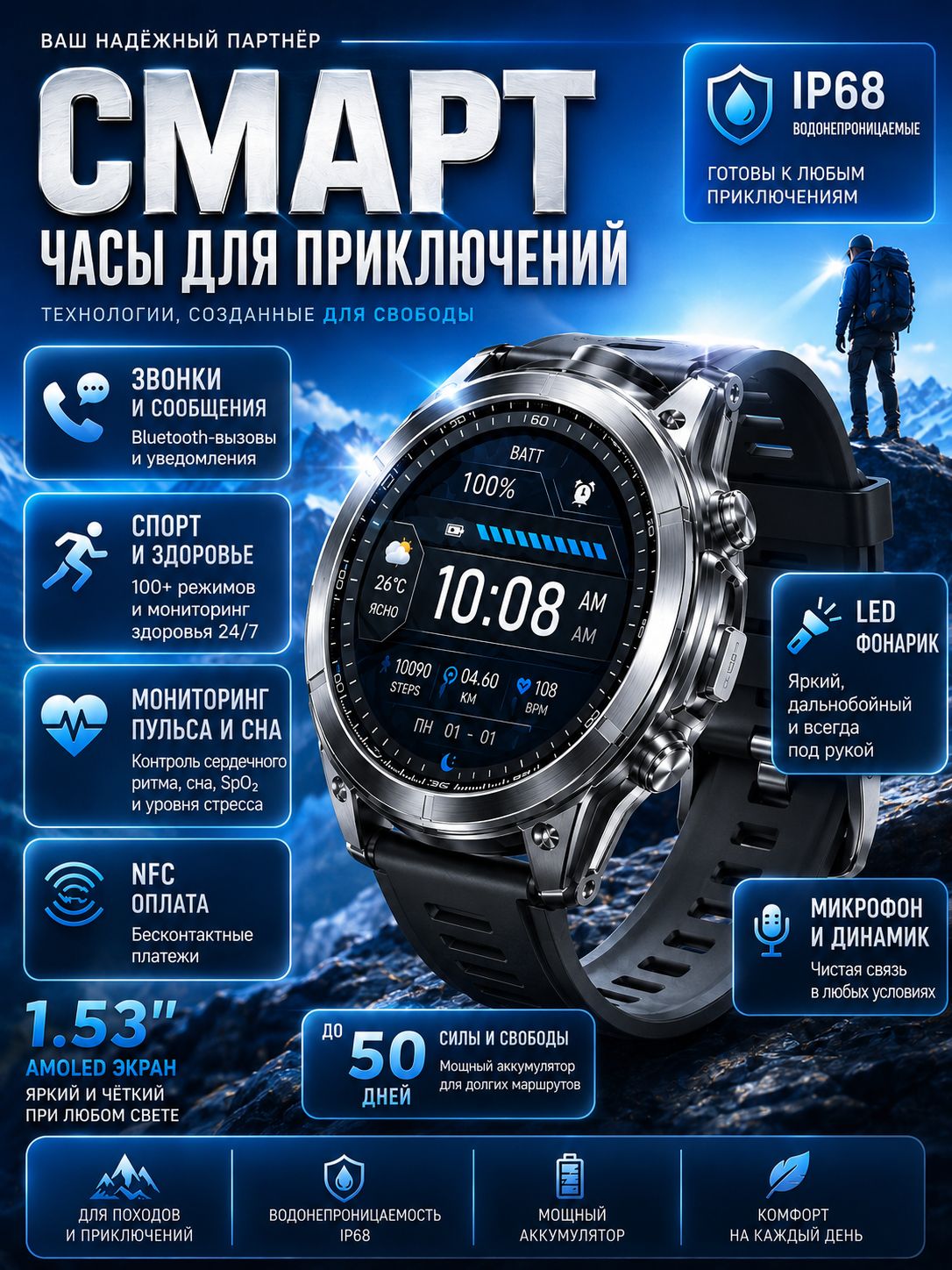 Смарт-часы Военные смарт-часы мужские с Bluetooth звонками, NFC, уведомлениями Max/VK, батарея 900 мАч, фонарик, 1,53 дюйма, спортивные часы с мониторингом здоровья, Fenix Max черный