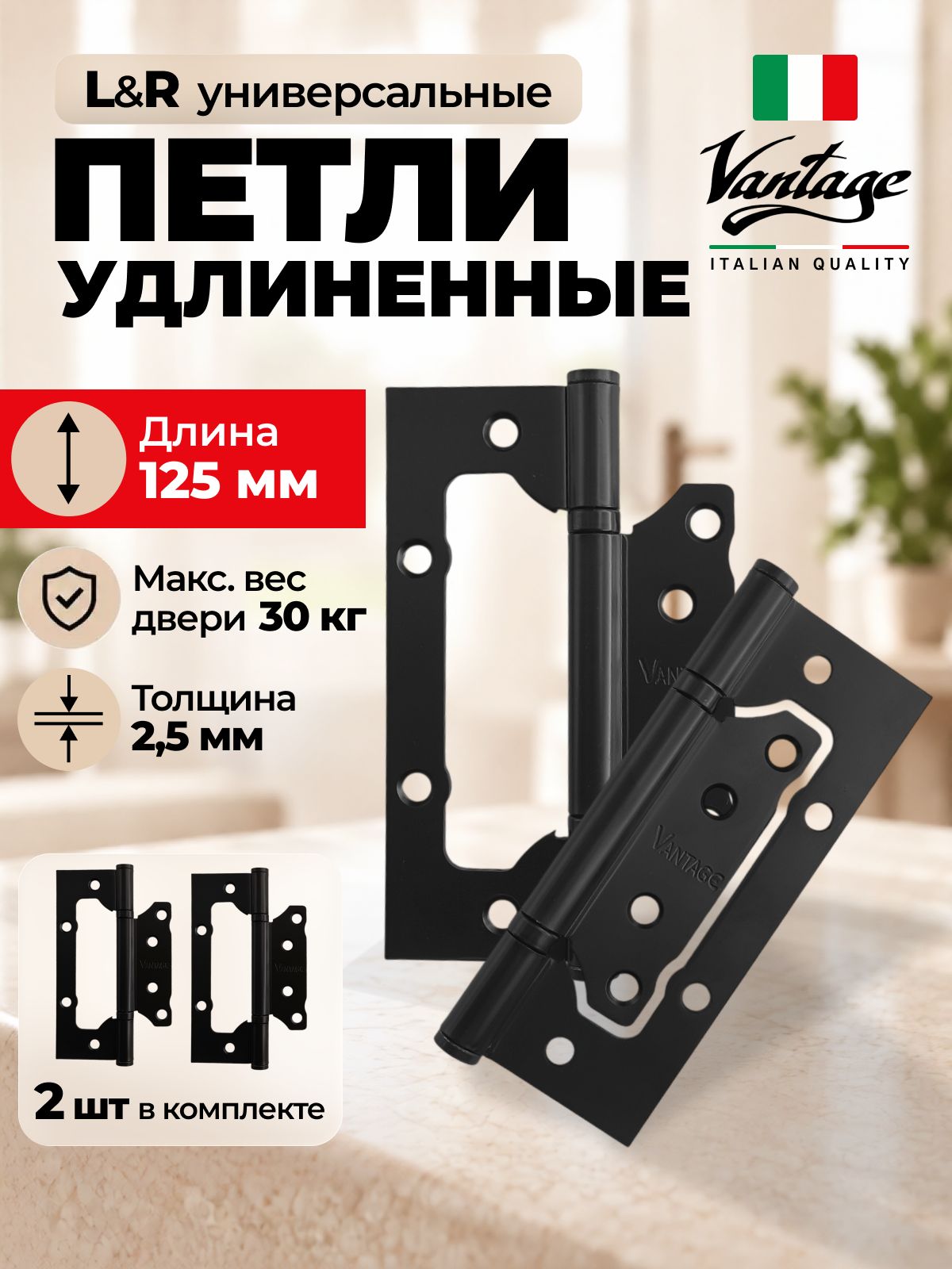 Петли дверные 125 мм межкомнатные накладные бабочки Vantage B2-BL Черный 2 шт