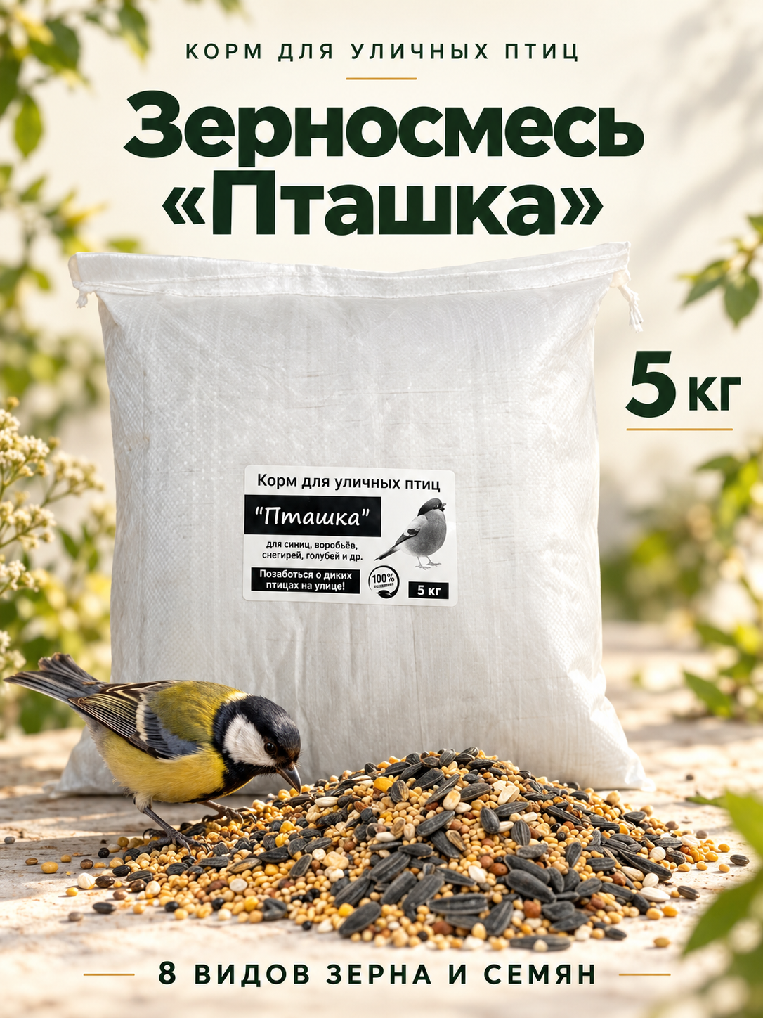 Зерносмесь для птиц 8 в 1 "Пташка". Корм для уличных, диких и парковых и домашних птиц, 5 кг