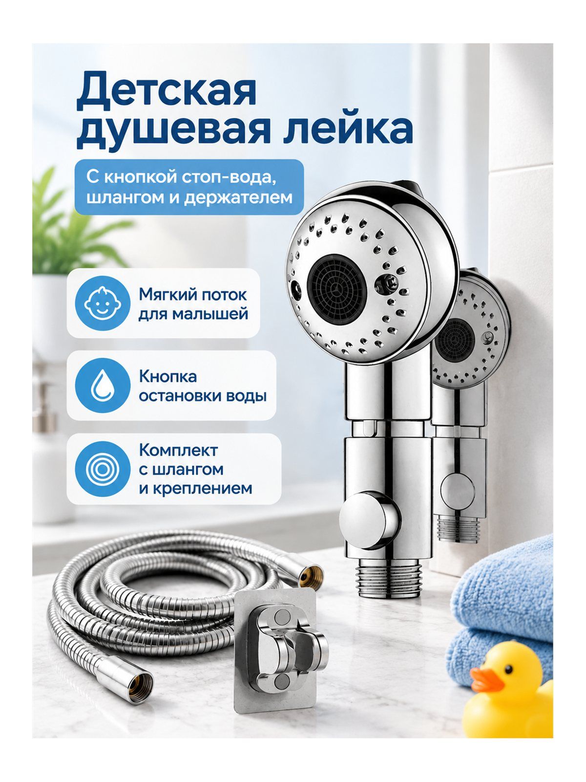 STARLEK Аксессуары для ведра, Детская насадка на кран для душа с функцией остановки воды, шлангом 1,5 м и держателем: полный комплект без сверления, серебристая