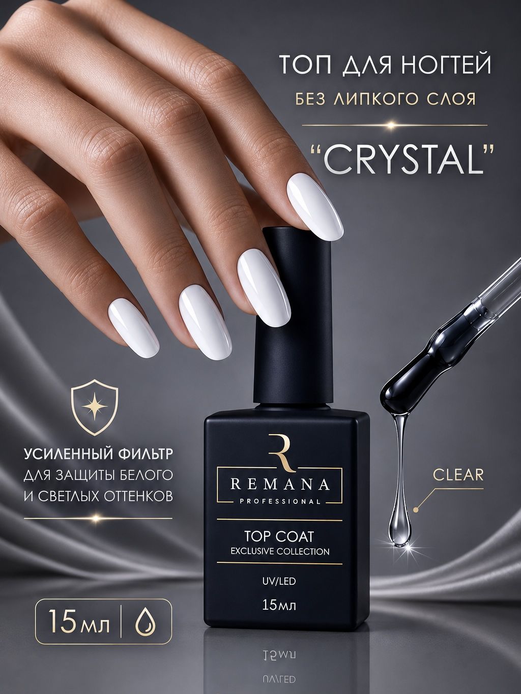 Топ для ногтей глянцевый 15мл Crystal, топ без липкого слоя с УФ фильтрами