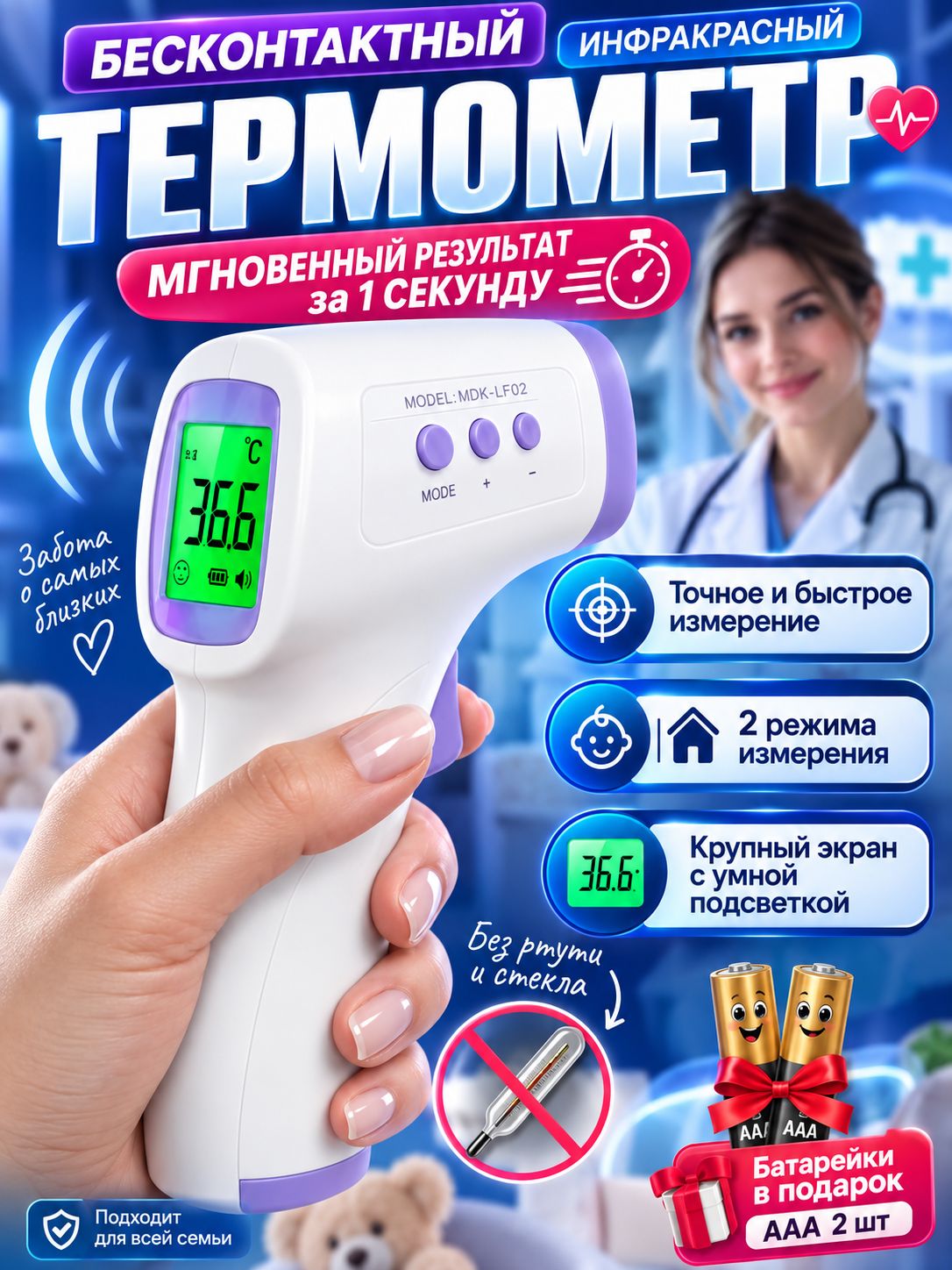 Термометр медицинский бесконтактный / Градусник электронный инфракрасный / Цифровой детский измеритель температуры