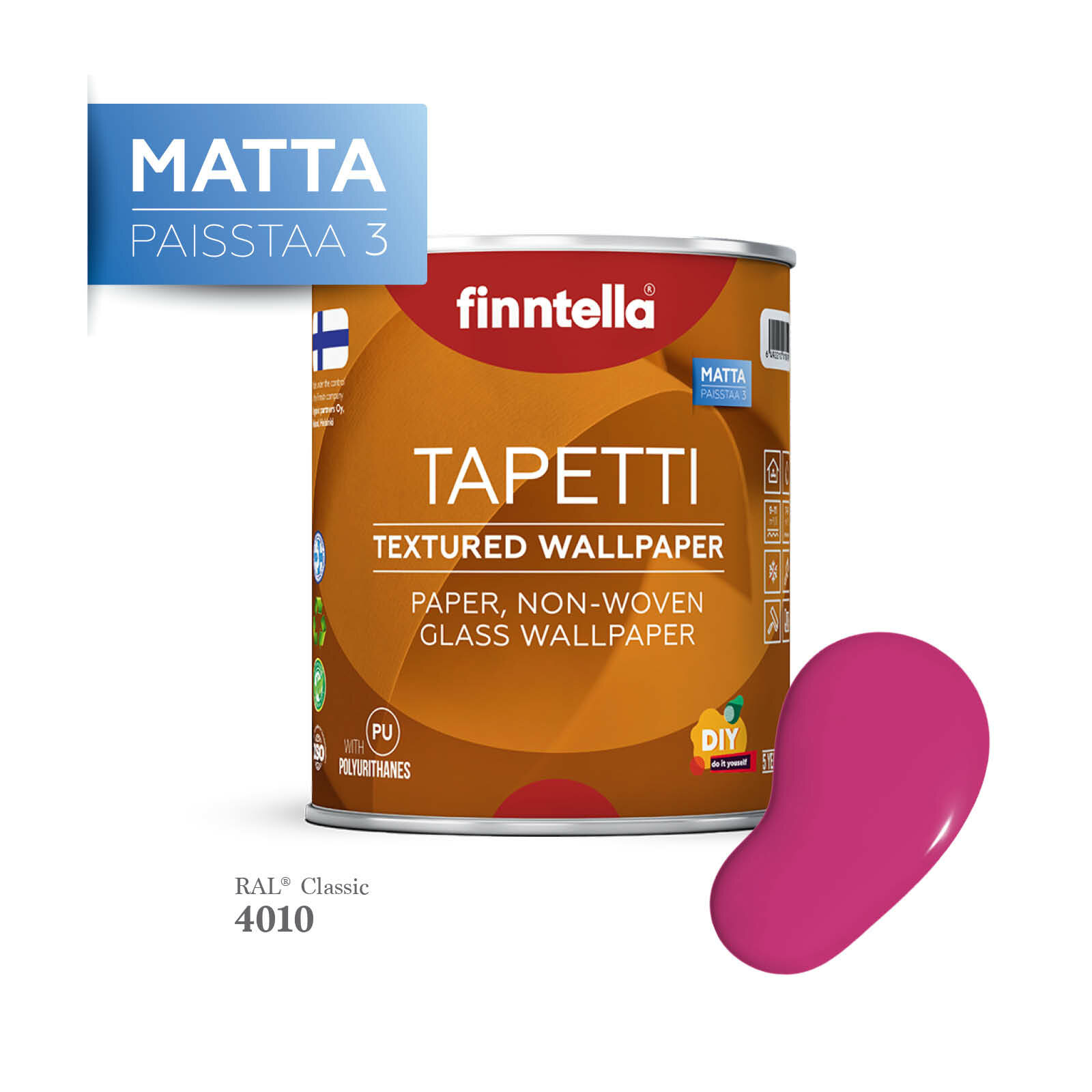 Матовая краска для обоев под окраску TAPETTI Matta FINNTELLA, Цвет RAL 4010 Телемагента (Telemagenta), 0,9л