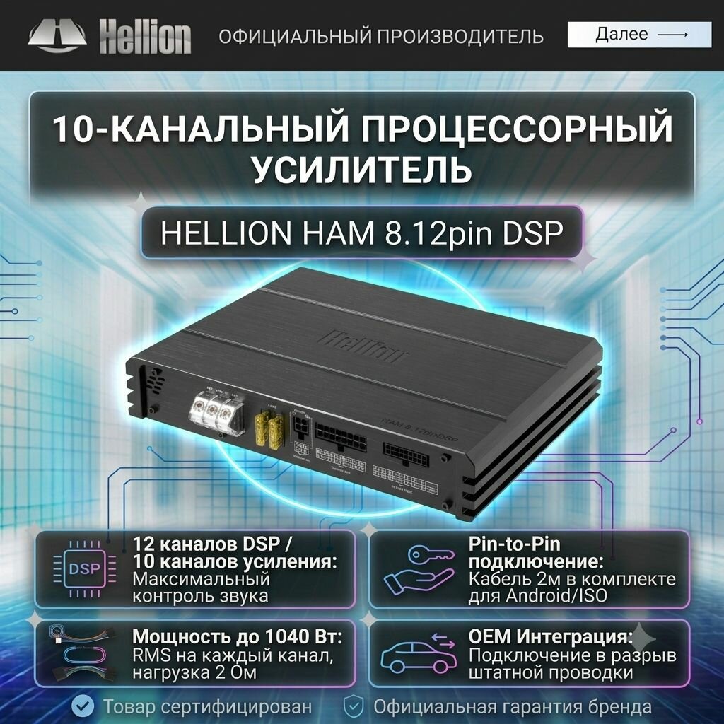 Усилитель процессорный Hellion HAM 8.12pin DSP для Android 12 каналов процессора / 10 усилителя