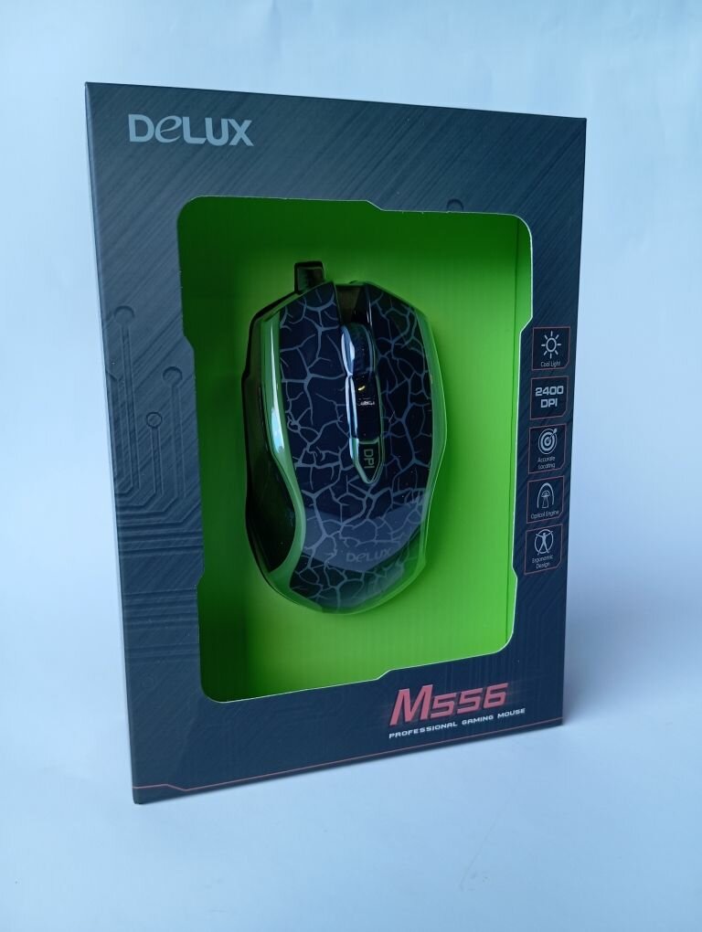 Мышь DELUX "M-556" , опт, (800/1200/1600/2400 DPI), USB, (5кн+скролл), черно-зеленая, с подсветкой