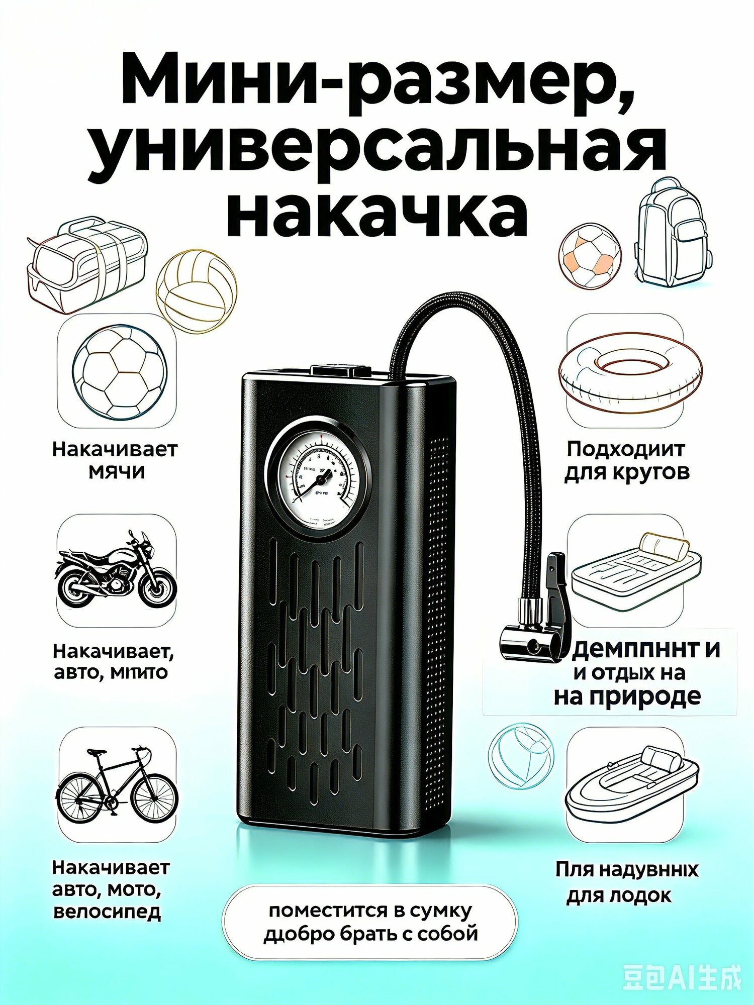 Портативный беспроводной насос с механическим манометром, аккумуляторный компрессор для шин авто, мото, велосипеда, мячей и матрасов, 119.9 Вт автомобильный компрессор велосипедный насос накачка шин