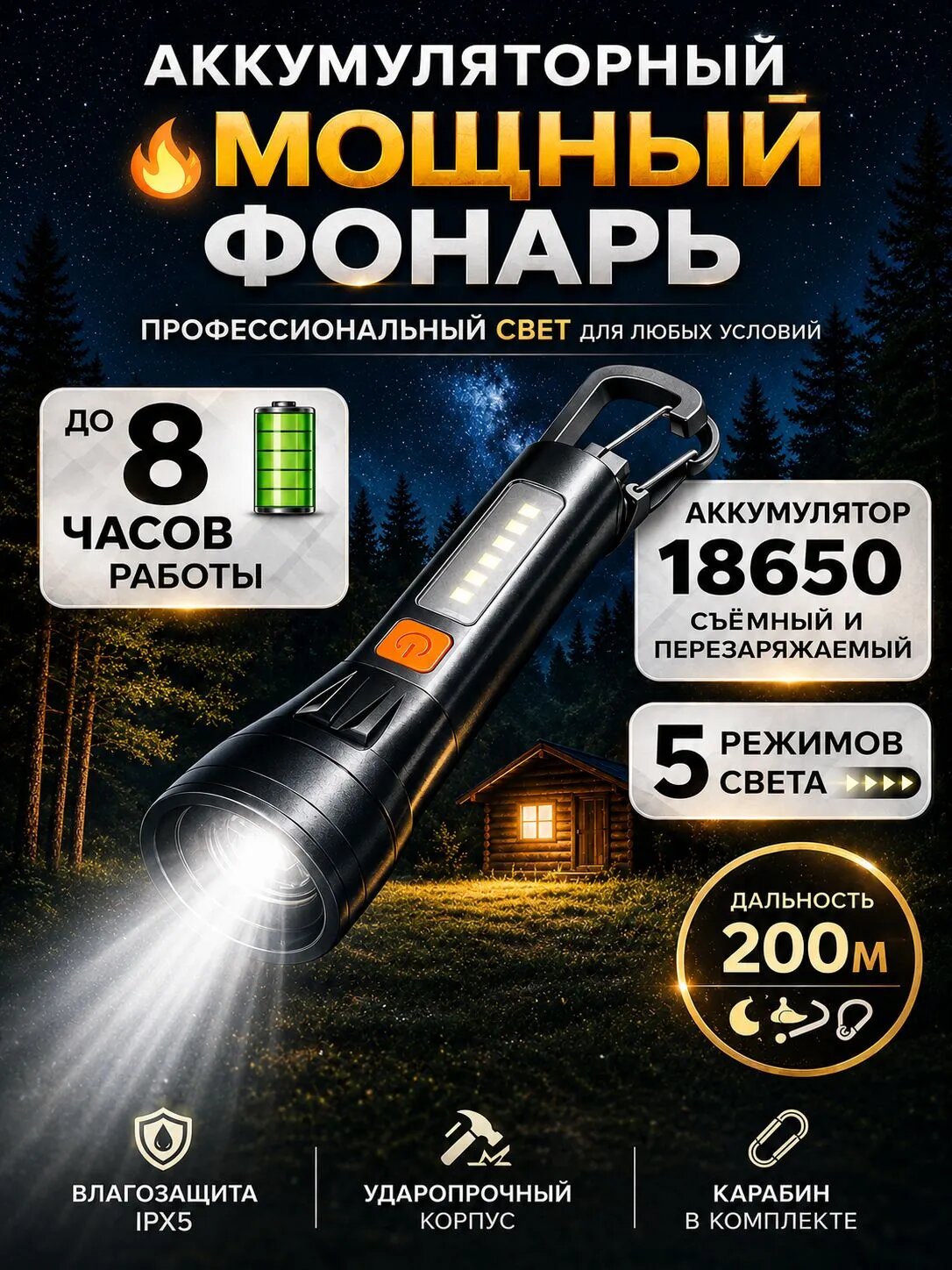 Фонарь-прожектор перезаряжаемый аккумуляторный LED с 3 режимами