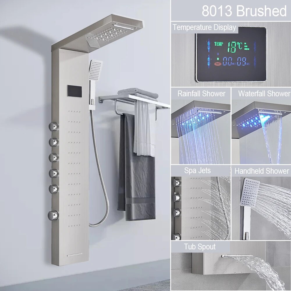 Панель душевого каскада с LED-освещением, водопад дождь, цифровой дисплей, набор душевых кранов, SPA-массажные форсунки, ванная колонна, смесительный кран, башенная система