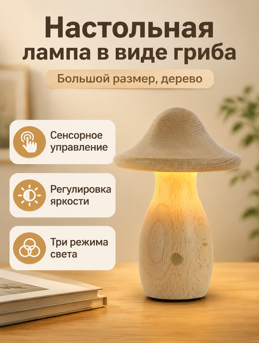Ночник в форме гриба модель Б малого размера с белым основанием, сенсорное управление, три цвета света, плавная регулировка яркости, белый цвет корпус